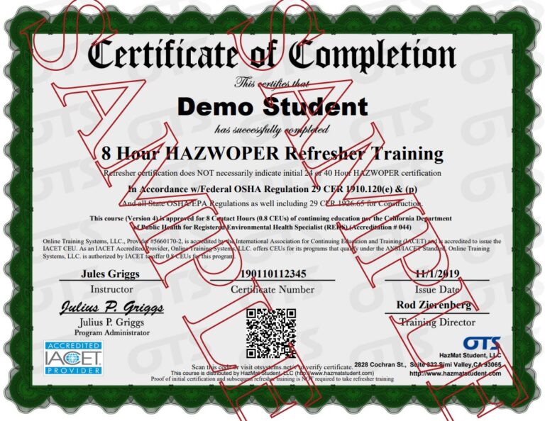 Online 8 Hour HAZWOPER Refresher Course - $39.95